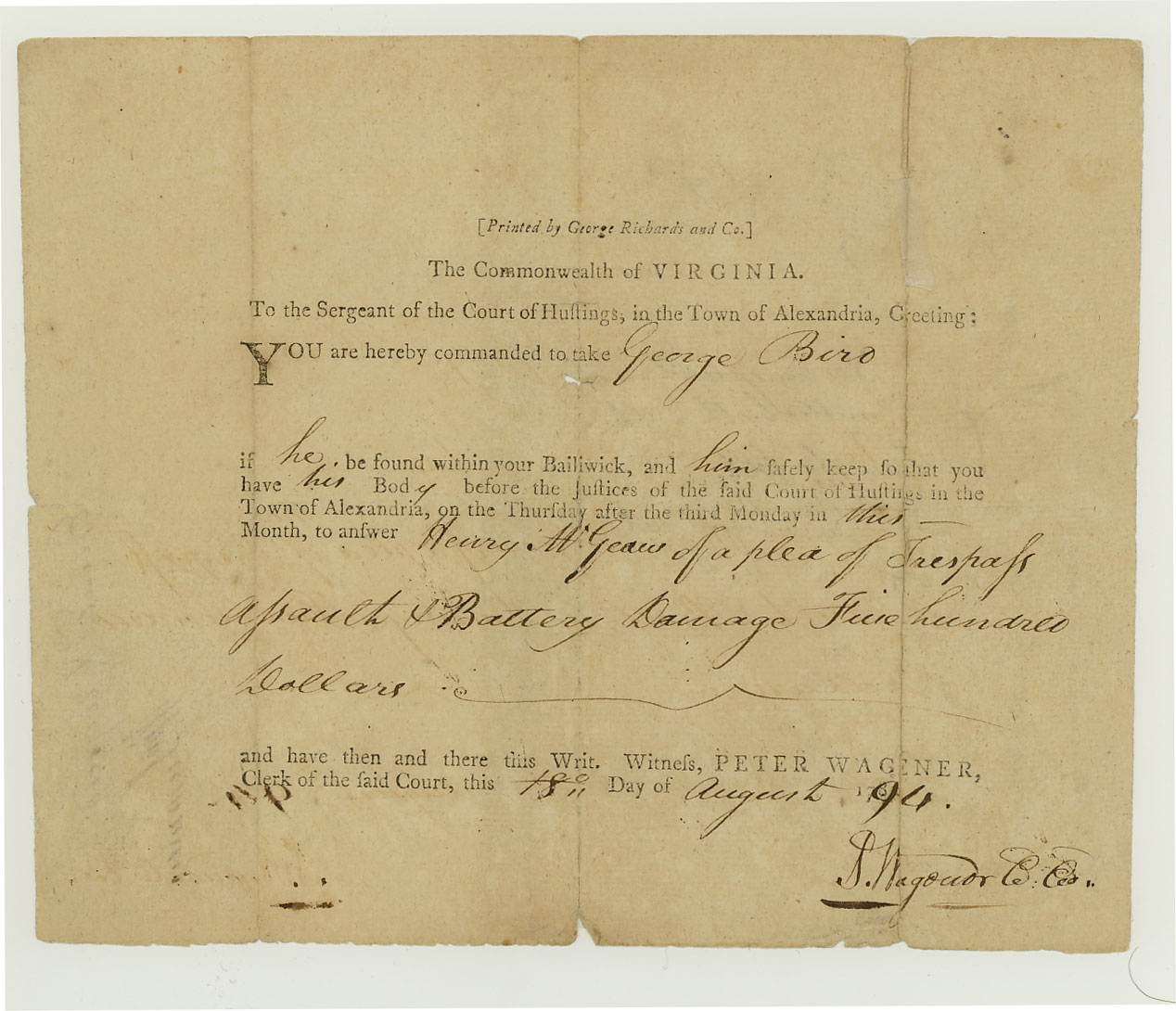 1794 Alexandria Arrest Warrant for Assault and Battery