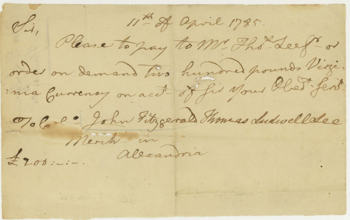 1785 Check Between Thomas Ludwell Lee, Jr. and Colonel John Fitzgerald